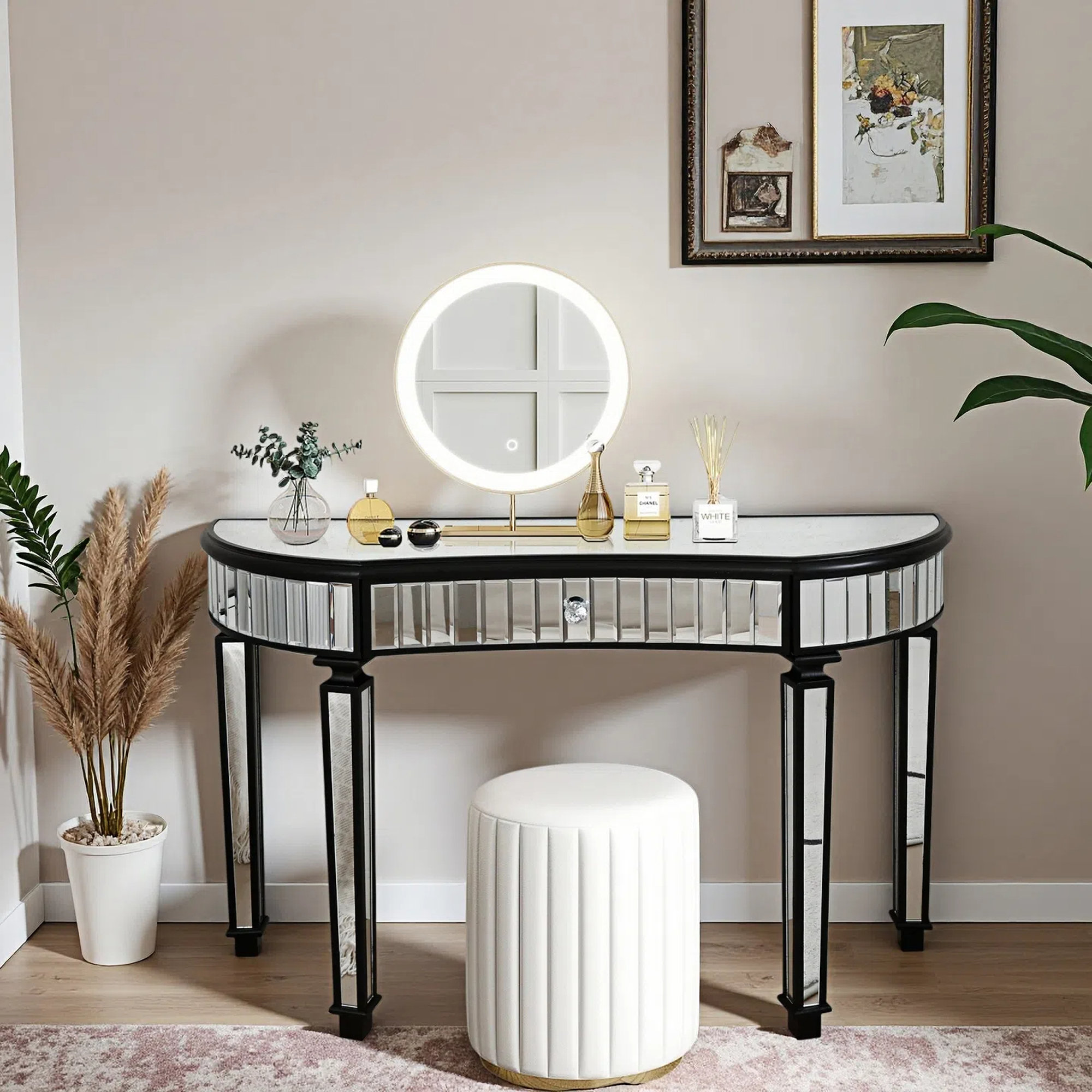 Everly Quinn 47" Half-Moon Mirrored Vanity Desk With Fluted Glass & Crystal Knob Drawer - Silver ...